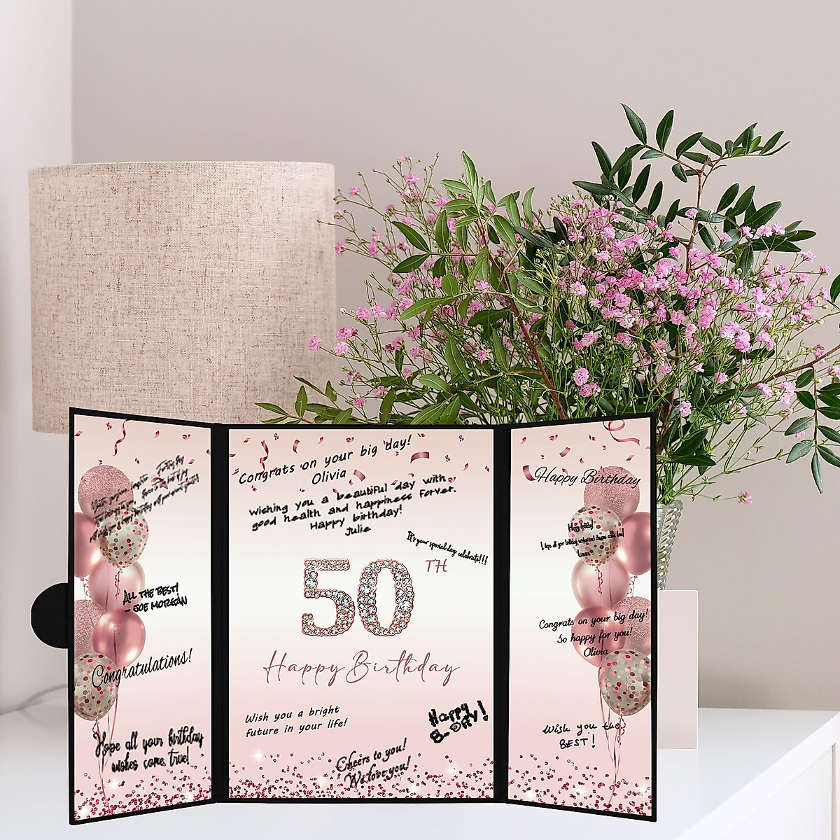 DARUNAXY Rose Gold 50th Birthday Party Decorations for Women, Happy 50th Birthday Alternative Signature Guest Book Black Pink 50 Birthday Signing Card Board Party Supplies Cheers to 50 Years Old Gift