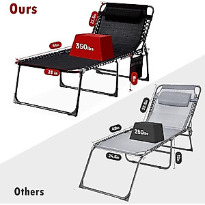 EZCHEER Oversize Folding Chaise Lounge Outdoor, 16 inch Extra High Patio Camping Sunbathing Recliner, Support 350lbs Lay Flat Pool Beach Lawn Chair with Storage Bag, Black