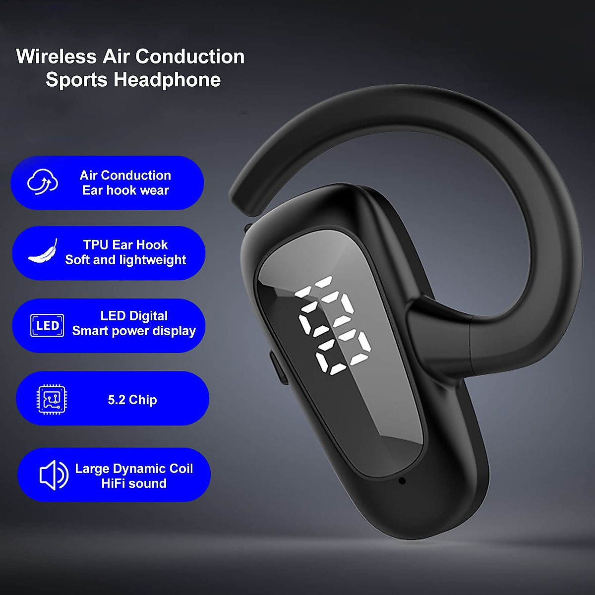 Yunseity Single Ear Headphone, Earpiece IPX4 Waterproof LED Digital Display Single Ear Headset for Sports Driving