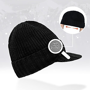 POXIMI Men Knit Hat Women Winter Beanies Warm Newsboy Hats with Brim Thick Cap Fleece Lined (Black)