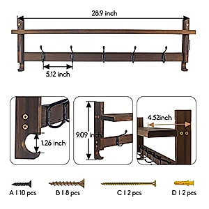 Kumebon Shelf with Hooks, 28.9 Inches Wall Shelf with Hooks, Coat Rack with Shelf with 5 Dual Hooks, Rustic Entryway Shelf with Hooks, Brown Coat Rack Wall Mount