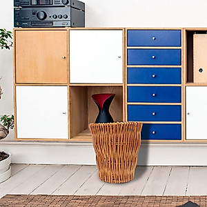 Wakauto Desktop Organizer Wicker Rattan Waste Basket Woven Trash Can Garbage Can Vintage Waste Bin Wastebasket Beige Creative Storage Basket