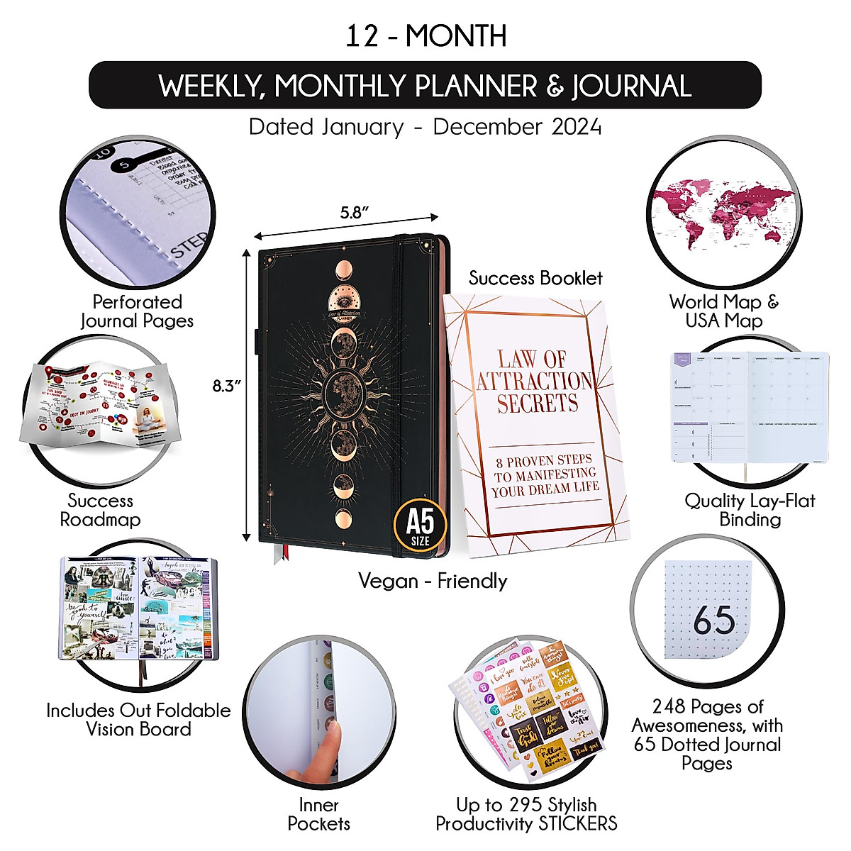 Law of Attraction Planner 2024-2024 Planner Weekly and Monthly, Hourly Planner, Daily Planner, Daily Gratitude Journal, Positive Habit Maker, Vision Board, Planner Stickers & Gift Box