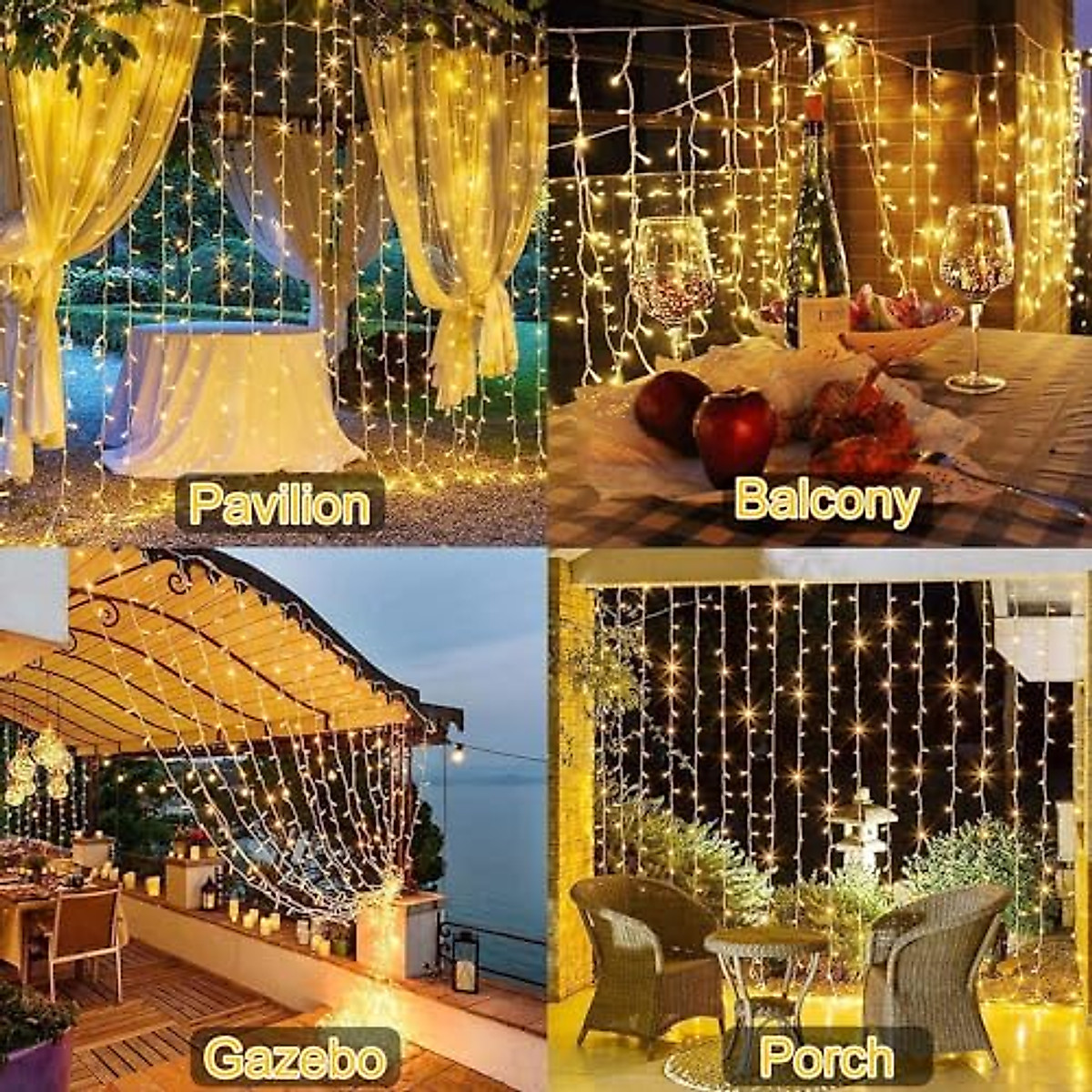 600 LED Solar Curtain Lights Outdoor Remote Control Gazebo Light 8 Modes Waterproof Waterfall Fairy Light String Window Wall Hanging Solar Patio Light Outside Wedding Party Christmas Decor, Warm