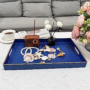 Umisriro Navy Blue Serving Tray with Handles, Plastic Decorative Tray for Ottoman, Coffee Table, Living Room, Kitchen 15.7”x10.2”