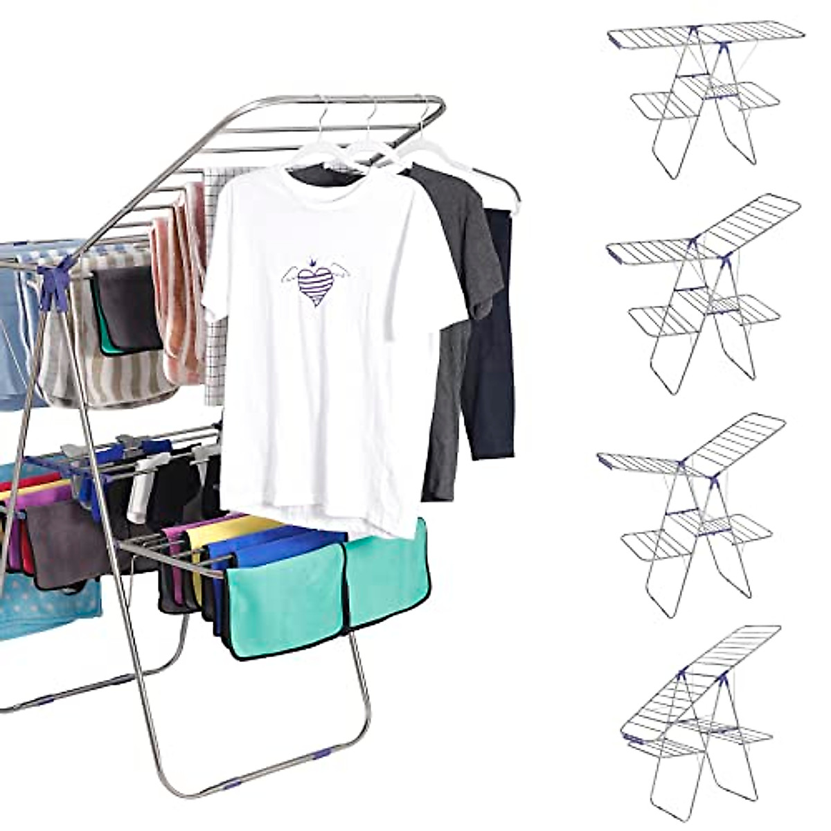 SUPER DEAL Clothes Drying Rack with Socks Clips, 2 Tier Gullwing Laundry Rack Adjustable and Foldable Wings for Easy Storage Heavy Duty Stainless Steel, Silver