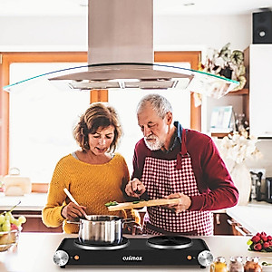 Cusimax Hot Plate for Cooking 1800W Portable Electric Double Burner Countertop Cooktop Cast Iron Stove Heating Plate with 7 Power Levels Adjustable Temp Control, Compatible for All Cookwares