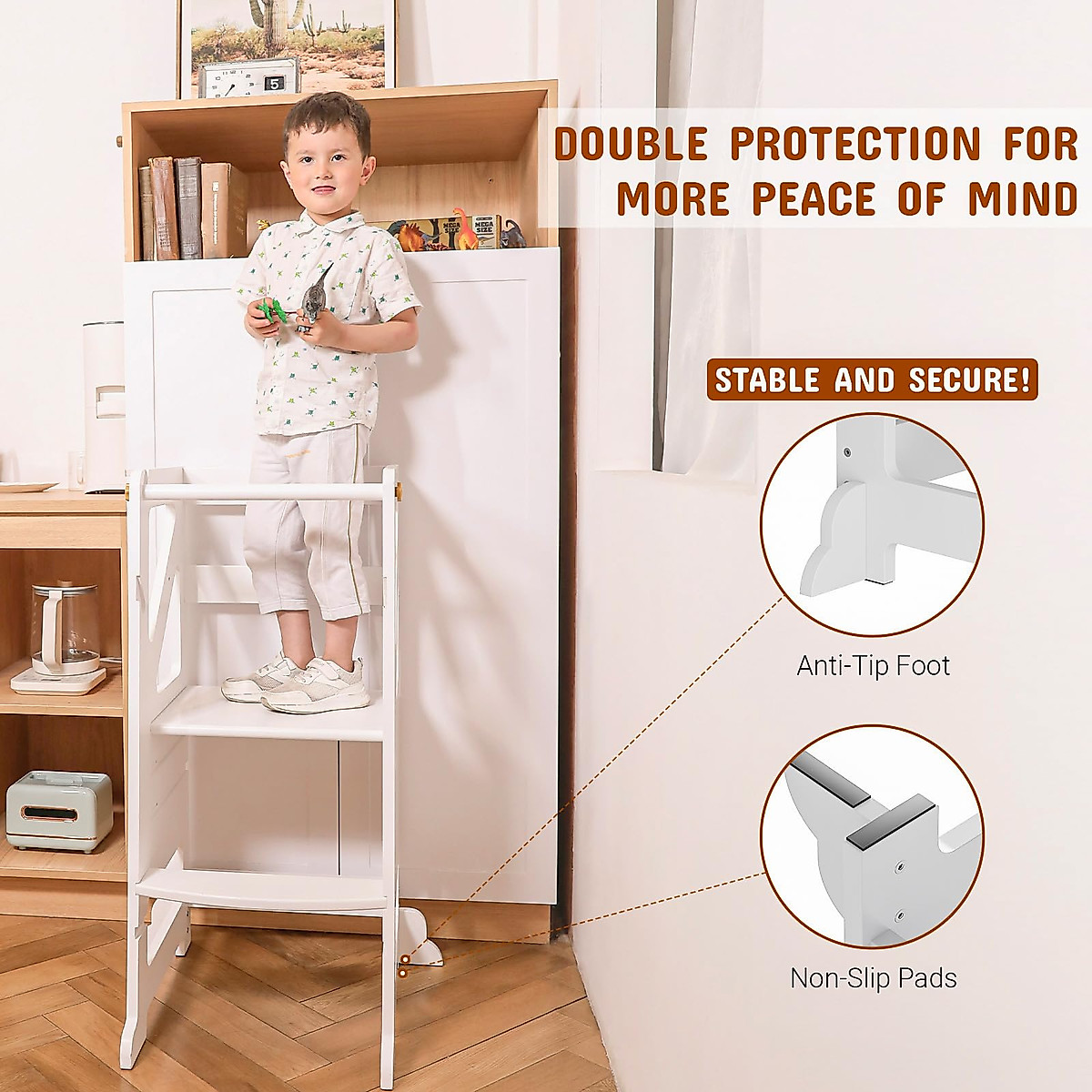 Rendpas Toddler Kitchen Stool Helper with Meal Tray & Safty Rail, Adjustable Height Kids Kitchen Step Stool, Toddler Standing Tower Convertible Meal Chair, Wooden Toddler Counter (White)