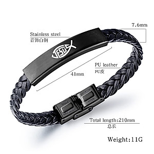 KBNSUIAN Dainty Christian Jesus Fish Ichthys Faith Leather Bracelet, Catholic Christ Lord's Guidance Meditation Bangle for Prayer Baptism Communion Church Birthday, 8.26''