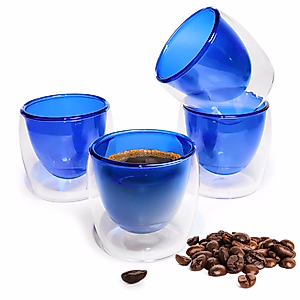 Birchland Espresso Cups Set of 4, Double Wall Espresso Glass Set of 4, Insulated Shot Glass, Espresso Shot Cups, Insulated Espresso Mugs, 2.7 OZ. (Sea Blue)
