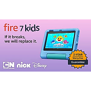 Amazon Fire 7 Kids tablet (newest model) ages 3-7. Top-selling 7" kids tablet on Amazon. Includes 6 months of ad-free and exclusive content, easy parental controls, 10-hr battery, 16 GB, Blue