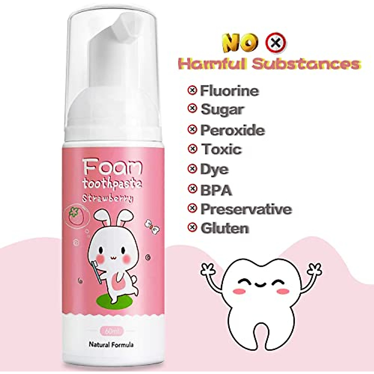 KONLEMEI Foam Toothpaste Kids, Natural Formula Edible Strawberry Flavor,120ml, 2Packs