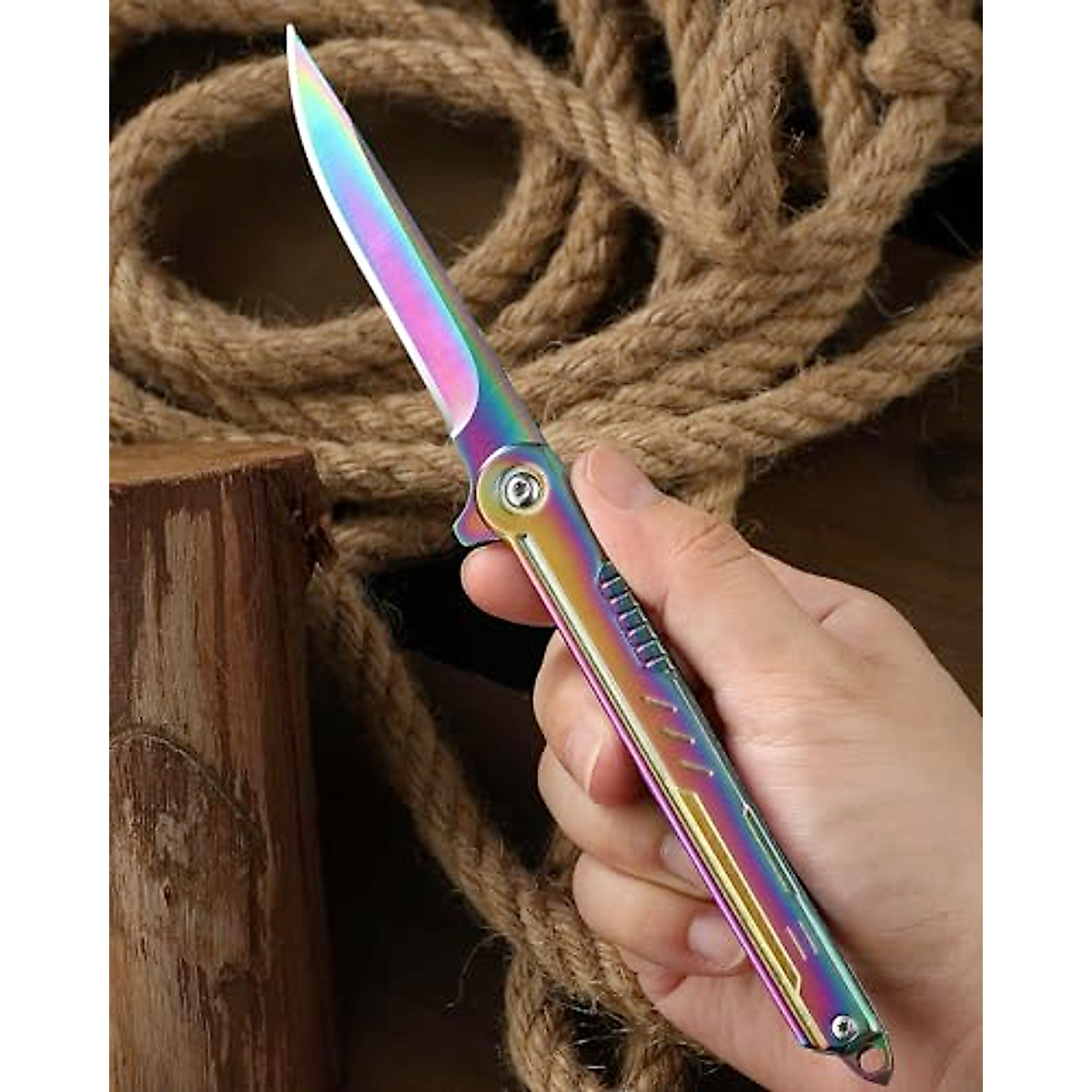 DRACHENADER Rainbow Pocket Knife 8.1" for Men EDC Colored Knife Keychain Pretty folding knife with clip and sheath, gift for mom, girlfriend, women