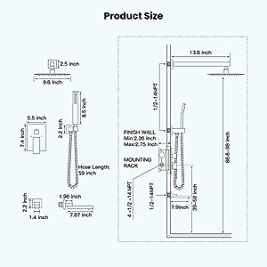 gotonovo 10" Rainfall Shower Head Shower Faucet Set Brushed Nickel Wall Mount Bathroom Shower System with Tub Spout Square High Pressure with Hand Sprayer Rough-In Valve
