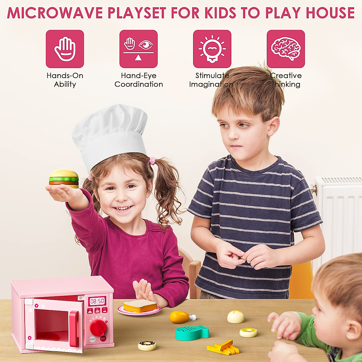Wooden Microwave Toys Kitchen Play Set, Pretend Play Microwave with Play Food Including Hamburger Fish, Montessori Early Learning Toy Kitchen Accessories Gift for Boys Girls