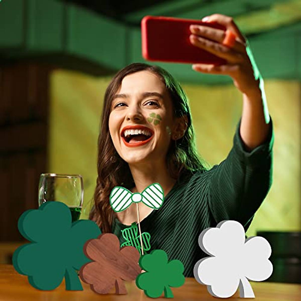 9 Pcs St Patrick's Day Wooden Table Decor Centerpiece Block Shamrock Shape Irish Patty's Tiered Tray Tabletop Sign Decor for Office Dining Room Mantle Home Wood Saint Patrick Party Supplies