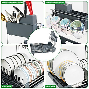 Ollieroo Dish Drying Rack, Rustproof Dish Racks for Kitchen Counter with Removable Utensil Holder,Knife Slots and Cups Holder,Large Capacity Drying Rack for Storage Plates Bowls Cups Utensil(Grey)