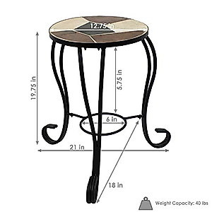 Sunnydaze 12-Inch Plant Stand - Indoor or Outdoor Plant Holder or Side Table - Steel Frame - For Garden, Patio, or Inside the Home - Ceramic Tile