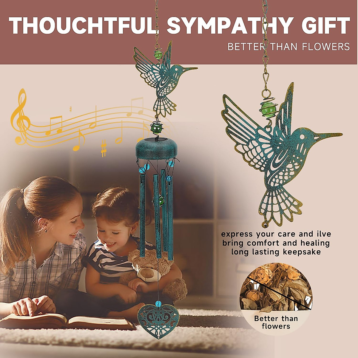 Wind Chimes Outdoor Deep Tone,Hummingbird Memorial Wind Chimes, Retro Windchimes Unique Outdoor Gifts, 27 inch Windchimes with 4 Tuned Tubes, Retro Asphalt Chime for Garden Patio Balcony and Home