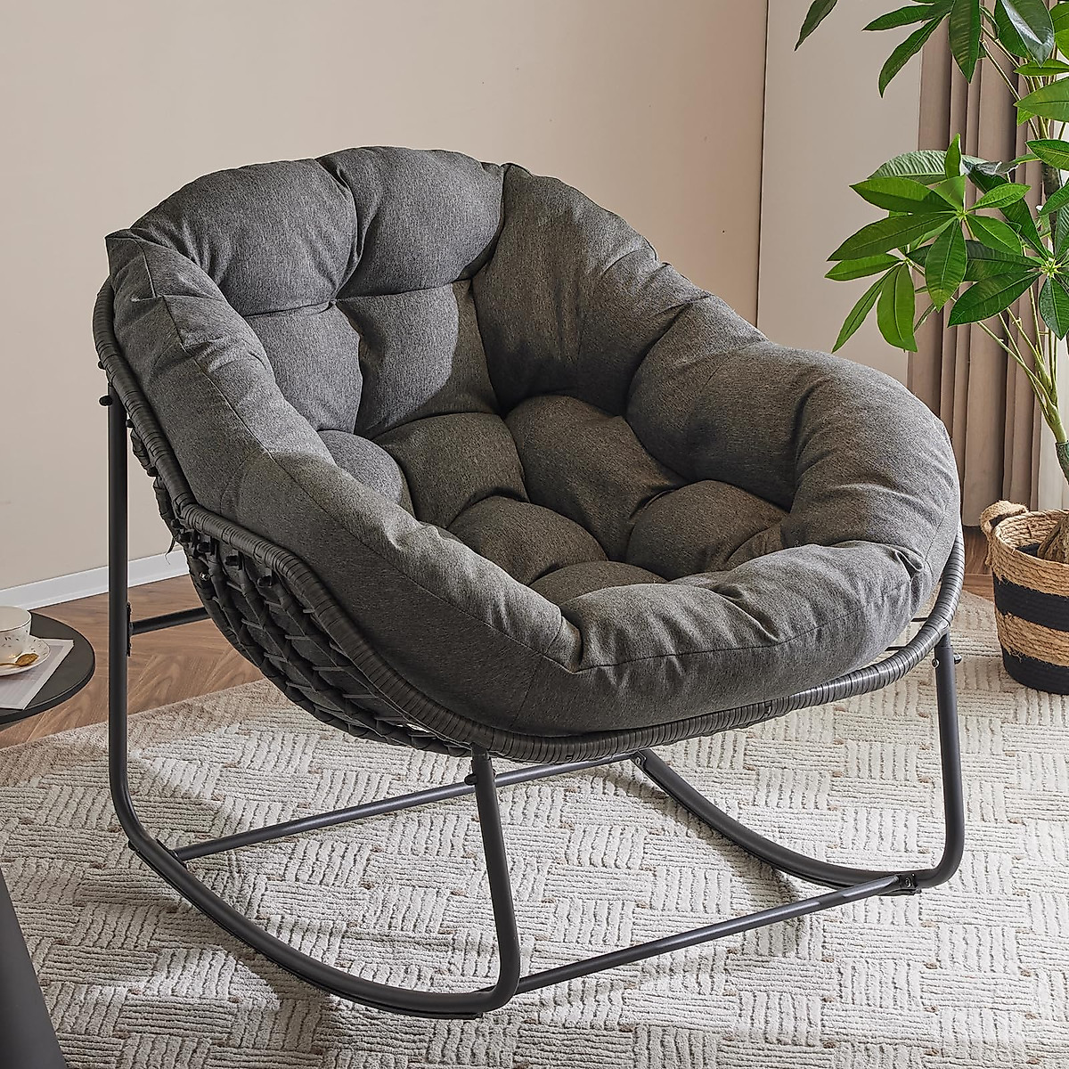 YDcosyfy Papasan Rocking Chair with Thick Cushion, Indoor Outdoor Comfy Patio Chair with Upgraded Steel Frame Oversized Wicker Lounge Chair for Front Porch, Garden, Bedroom, Living Room,Grey