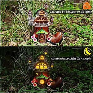 FORUP 10 Inch Fairy House Garden Statues with Boots, Fairy Garden Decor House Kit, Solar Powered Lights Garden Figurine for Outdoor Patio Lawn Yard Garden Decorations