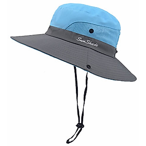 ZOORON Women's Ponytail Safari Sun Hat Mesh Wide Brim UV Protection Outdoor Bucket Hat Foldable Beach Summer Fishing Hat, blue