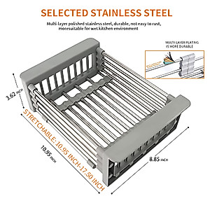 MSAAEX Expandable Dish Drying Rack, Over Sink Dish Drying Rack , Draining Dishes & Fruit Drain- Rustproof Stainless Steel for Kitchen, Rugged Sink Drain Rack (Gray)