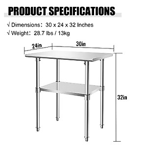 KODOM Food Prep Stainless Steel Table 30" x 24", Heavy Duty Workbench with Adjustable Under Shelf, Commercial Worktable for Kitchen, Restaurant, Home and Hotel