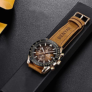 BY BENYAR Men Watches Chronograph Analog Quartz Waterproof Luminous Watch for Men Business Work Sport Stylish Casual Brown Leather Band Men's Wrist Watches Elegant Gifts for Men Father's Day