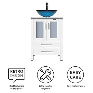 eclife 24" Bathroom Vanity Sink Combo White Cabinet Ocean Blue Square Tempered Glass Vessel Sink & 1.5 GPM Water Save ORB Faucet Solid Brass Pop Up Drain,with Mirror (Ocean Blue Square Sink A04B02W)