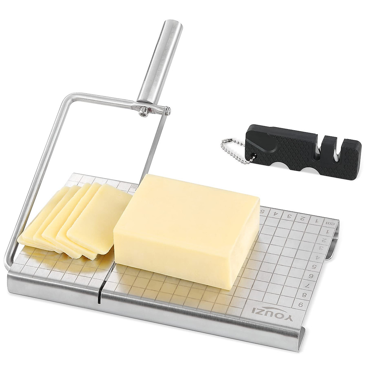 Stainless Steel Cheese Slicer - Multipurpose Cheese Slicer Board & Food Cutter with 4" Blade, 5" x 8" with Accurate Size Scale for Cutting Cheese Butter Vegetables Sausage Herbs & More (No Wire)