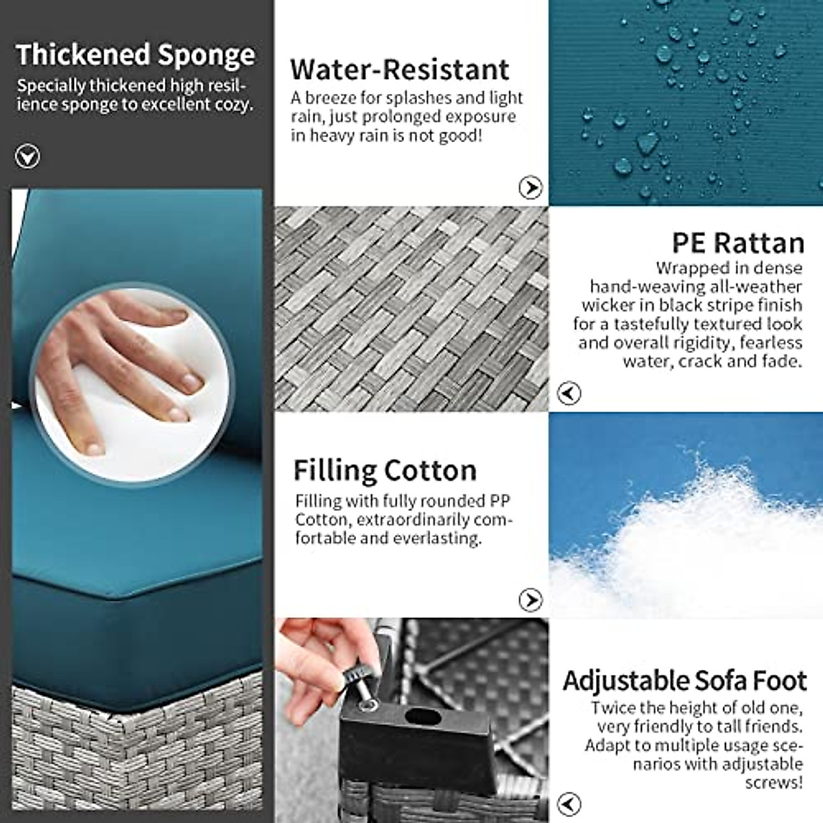 Rattaner Patio Furniture Sectional Sofa Set 9 Pieces Outdoor Wicker Furniture Couch Storage Glass Table with Thicken(5") Anti-Slip Peacock Blue Cushions Furniture Cover