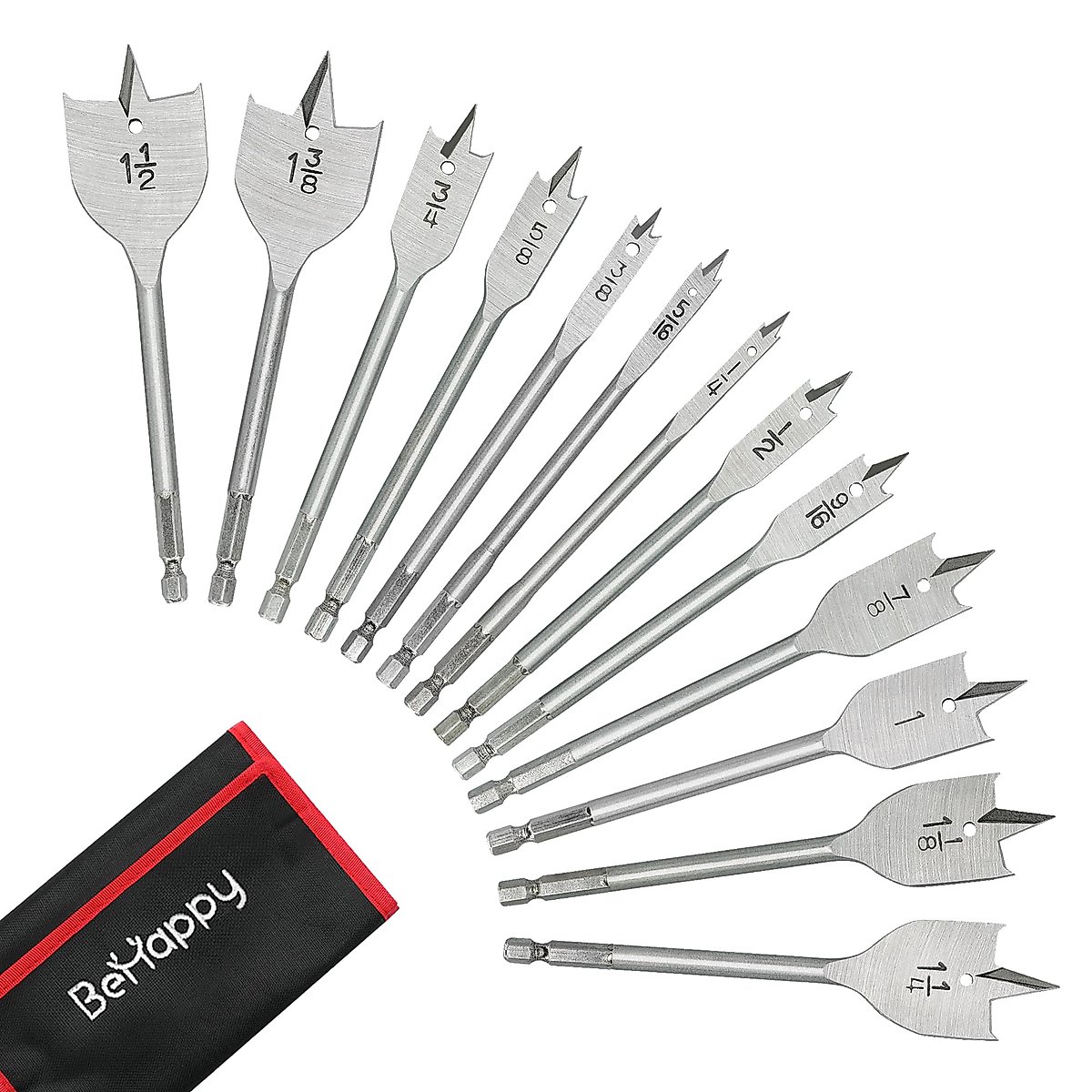 BeHappy 13 Piece Spade Drill Bit Set, Wood Drill Bit Set, Paddle Flat Bit Sets for Woodworking, Carbon Steel Paddle Flat Bit with Quick Change Shank, Nylon Storage Pouch Included, 1/4" to 1-1/2"