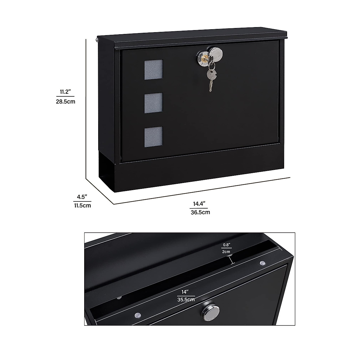 LAND·VOI Locking Mailbox Wall Mounted, Metal Postbox with Three Sets of Mail Box Number Stickers, 4 Keys, 14.4" x 4.5" x 11.2", Large Capacity, Black, AMB11B