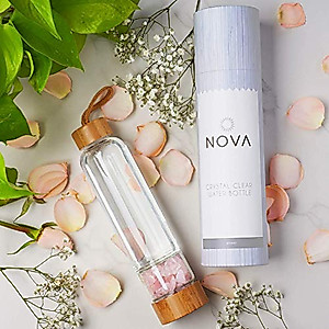 Crystal Elixir Infused Gem Water Bottle – Leak-Proof Lid – Bamboo Wellness Glass Includes Protective Sleeve and Removable Crystal – 15 oz (Rose Quartz)