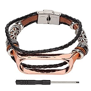 LANTRO JS Leather Smartwatch Band Replacement, Vintage Style Watch Wrist Strap for Mi Band 6/5 NFC, Brown/Silver Color Combination (brown gold)
