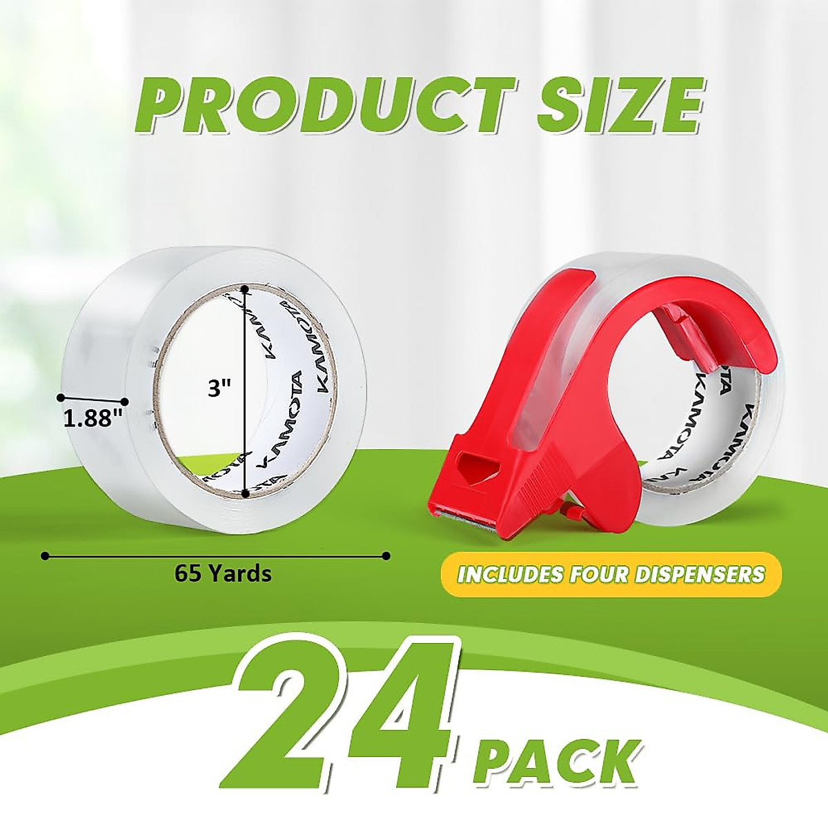 KAMOTA Packing Tape, 24 Rolls Heavy Duty Clear Packaging Tape for Shipping Packaging Moving Sealing, 1.88 inches Wide, 65 Yards Per Roll, Total 1560 Yards with 4 Dispensers