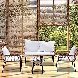 Homsido Patio Furniture Set 4 Pieces Small Boho Outdoor Rattan Woven Chairs Wicker Sofa Garden Conversation Balcony Bistro Sets for Yard,Pool or Backyard,Front Porch(Beige Wicker White Cushions)