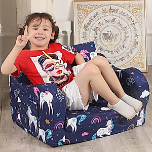 MOMCAYWEX Rainbow Unicorn Kids Sofa, 2-in-1 Kids Couch Fold Out, Convertible Sofa to Bed for Girls and Boys