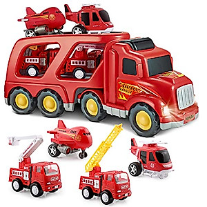 SLENPET Fire Truck Toys for 3 4 5 Years Old Boys Kids Toddlers, Vehicles Toy Set with Light and Sound, Large Transport Cargo Truck, Small Helicopter, Airplane, Emergency Rescue Cars, 5 in 1 Playset