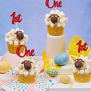 Gyufise 24Pcs 1st Birthday Cupcake Toppers Glitter First Birthday One Cupcake Picks for Baby Shower 1st Birthday Party Cake Decorations Supplies Red