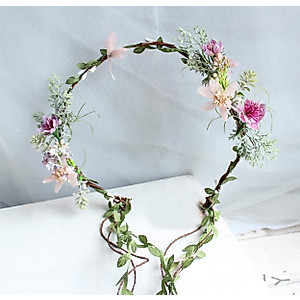 LLinfflr Vine Flower Crown Boho Flower Headband Hair Wreath Floral Halo Headpiece with Ribbon Wedding Party Photos Rosy