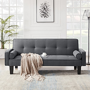 71.65" Linen Upholstered Futon Loveseat Convertible Sleeper Couch Bed W/Throw Pillows,Compact Foldable Sleep Recliner Sofa,2 Seaters Love Seat with Reclining Backrest to Napping Daybed