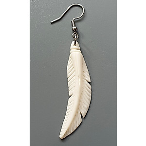 Swimmi 2.4 inch Bone Feather Earrings, Hand Craved Feather Bone Earrings, Handmade Dangle Drop Hook Bone Jewelry FA026
