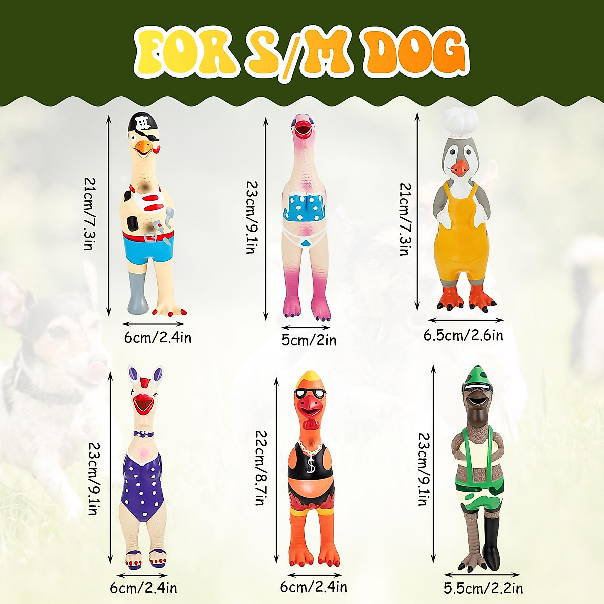 Silipull 6 Pcs Dog Latex Squeaky Toys Chicken Interactive Dog Toy Charming PET Squawkers Earl Captain Jack Durable Latex Chicken Dog Toy Soft Rubber Chew Molar Dog Toys for Small Medium Large Dogs