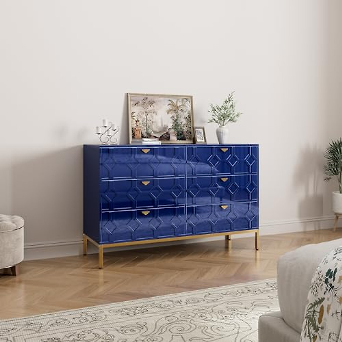 Clihome 6 Drawer Double Dresser, Sideboard with 6 Drawers Modern Chest of Drawers Wood Dresser for Living Room, Home Office, Entryway, Blue