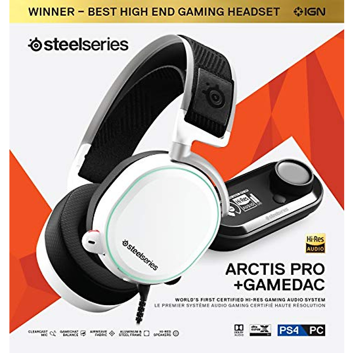 SteelSeries Arctis Pro + GameDAC Wired Gaming Headset - Certified Hi-Res Audio - Dedicated DAC and Amp - for PS5/PS4 and PC - White
