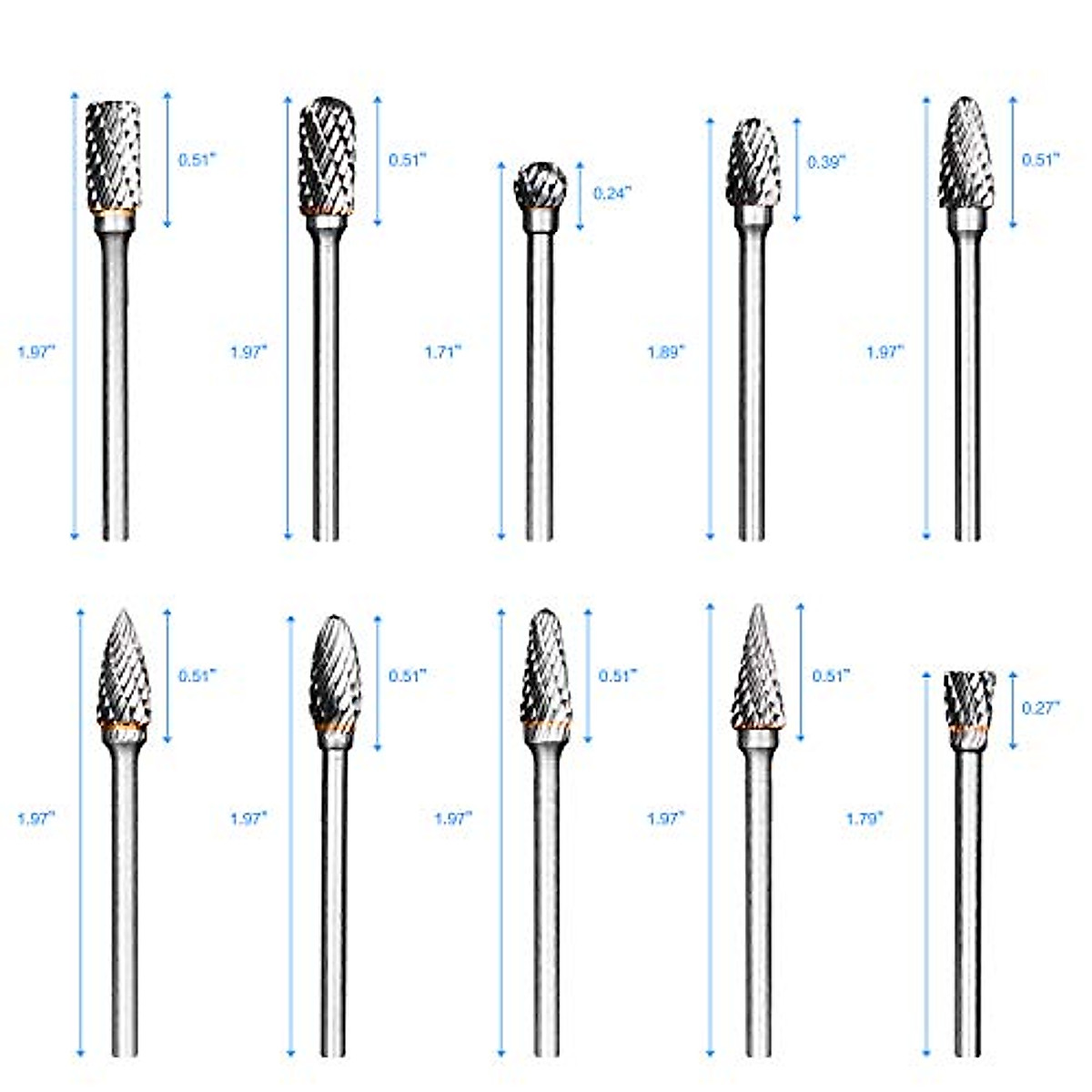 Rotary Burr Set, 10pcs Tungsten Carbide Rotary Burrs Set Double Cut Points Files Grinder Fit Rotary Tool for Engraving Wood Working Carving Polishing and Drilling, 1/8" Bit Shank 1/4” Head Size