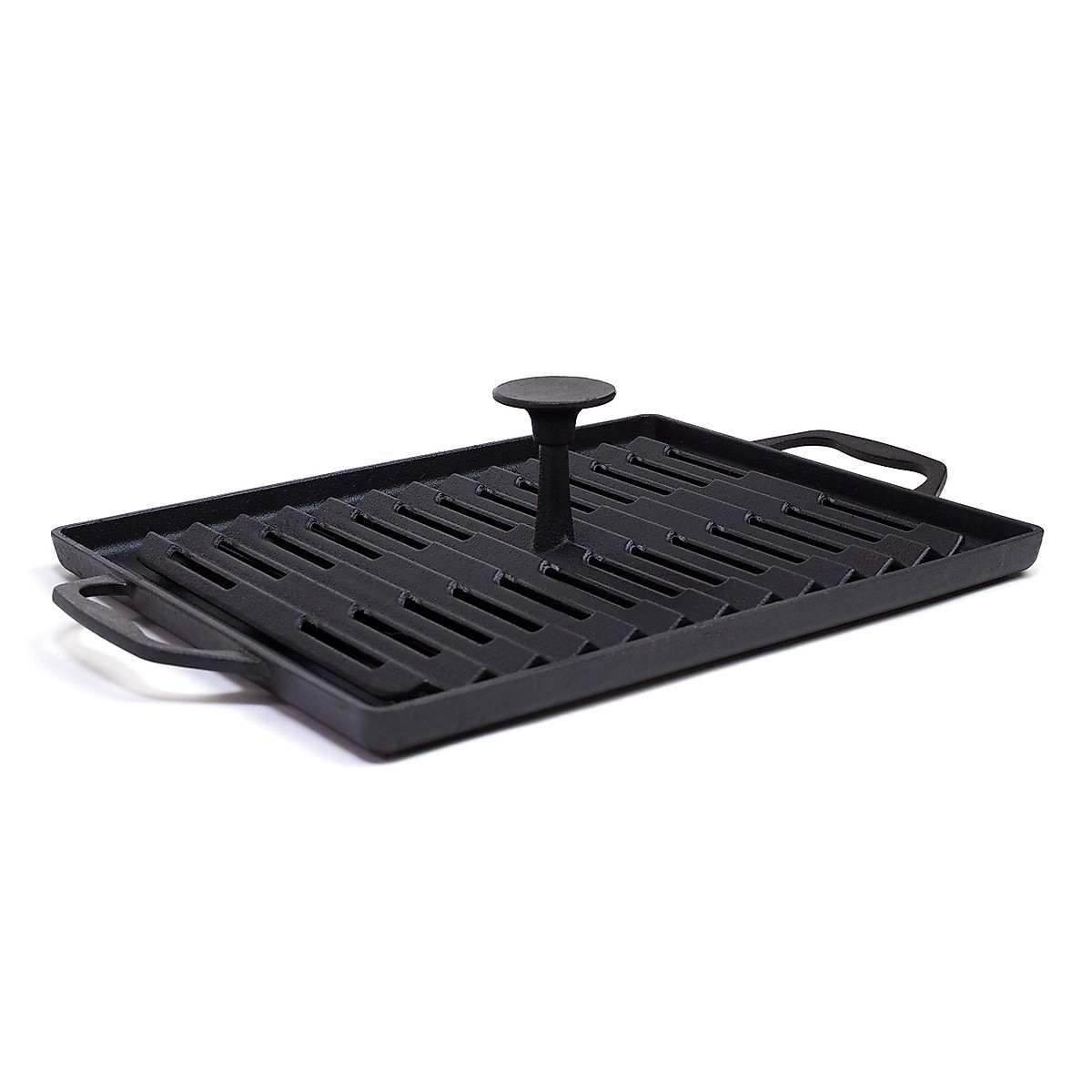 Grillville USA Cast Iron Grill Pan and Press, Indoor/Outdoor Grill Pan and Weighted Press Set, Porcelain Enamel Coating, Use on the Stovetop or Grill, Vented Design Keeps Food Crisp