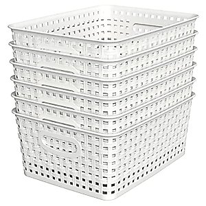 Woven Plastic Storage Baskets, 6 Pack White Weave Bins Organizer, 10.1" x 7.55" x 4.1"